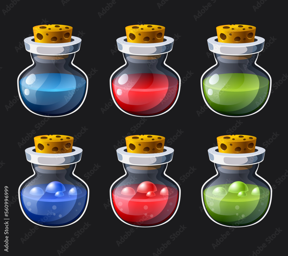 Mana bottles. Potion bottle set. Elixir of health or mana. Icons for ...