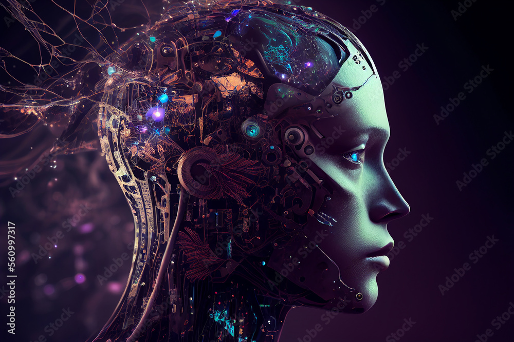 Human head with robotic mechanism details in brain. Android cyborg ...