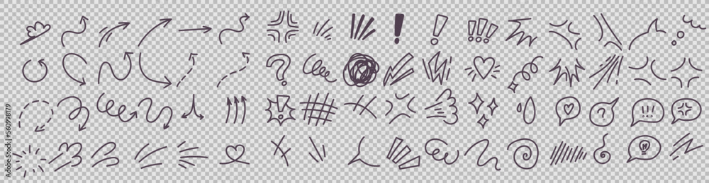 Anime manga hand drawn effect set. Collection of arrows and speech ...