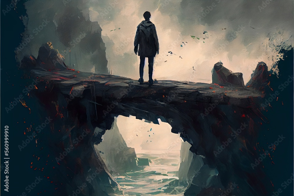 man standing atop a crumbling stone bridge, gazing out into the abyss ...