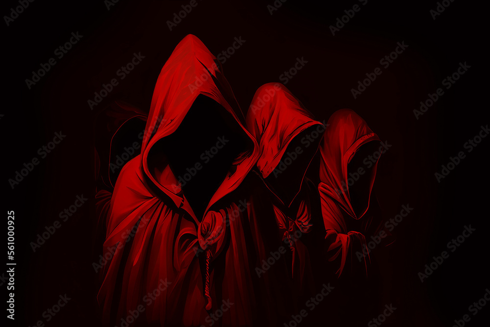Group of mystery people in a red hooded cloaks. Generative Ai Stock Illustration | Adobe Stock