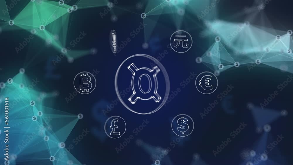 Rotating symbols of the world's popular money on an abstract blue ...