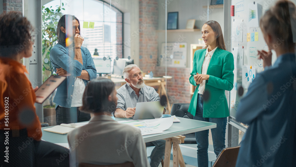 Woman Doing a Presentation in a Meeting Room at Office With her Team ...