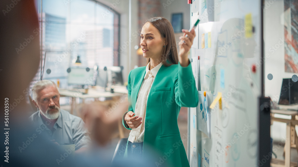 Female CEO Using Whiteboard in Office to Answer Questions and Give ...