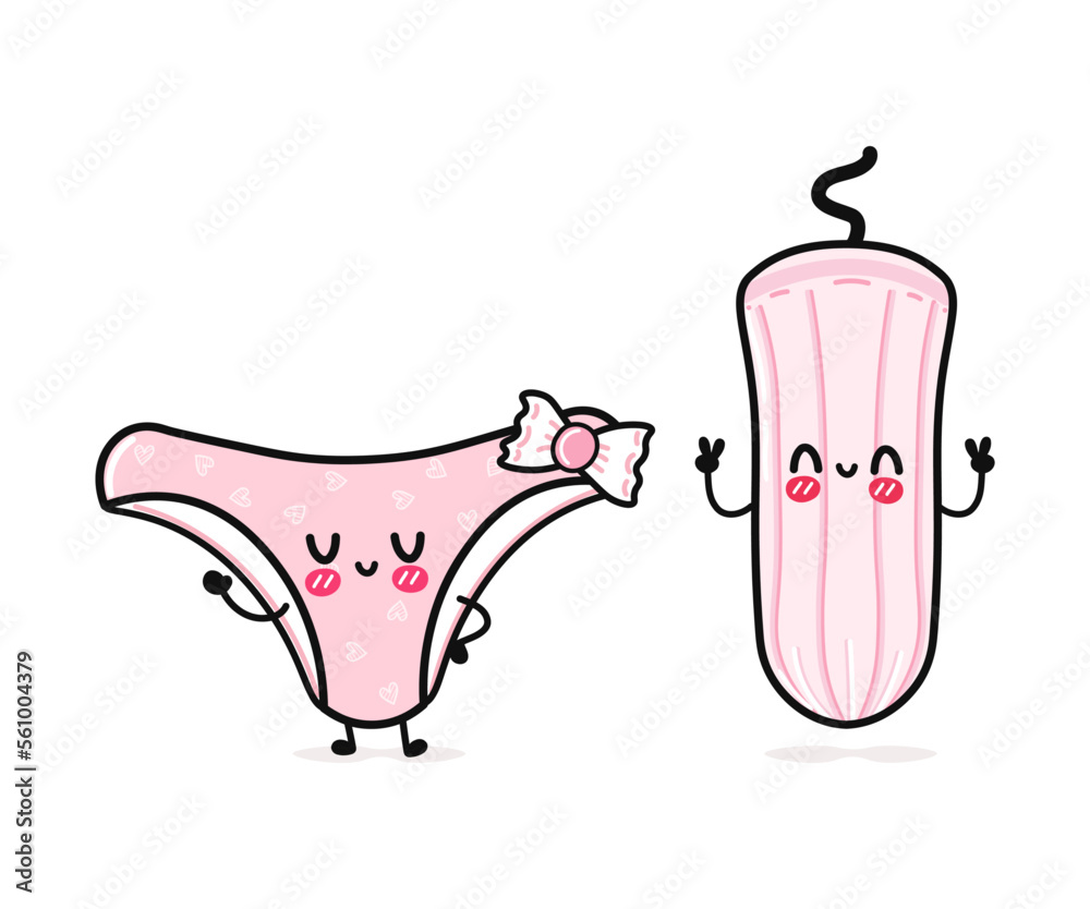 Cute, funny happy pink panties and tampon menstrual. Vector hand drawn ...