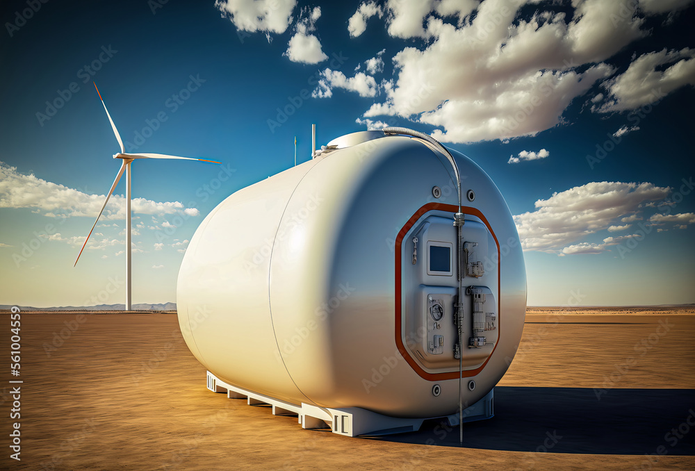 green energy storage tank, hydrogen storage tank stands in the desert ...