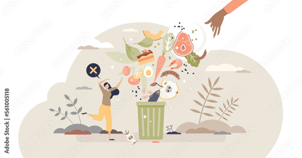 Food waste and meal leftovers garbage reduce awareness tiny person ...