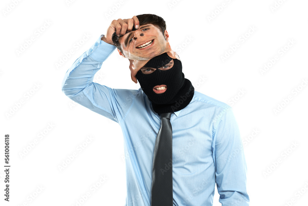 Corruption, crime and criminal mask portrait of worker hiding identity ...