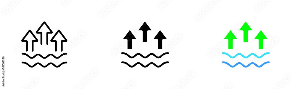 Water evaporation line icon. Ecology, up arrows, ocean, river, water ...