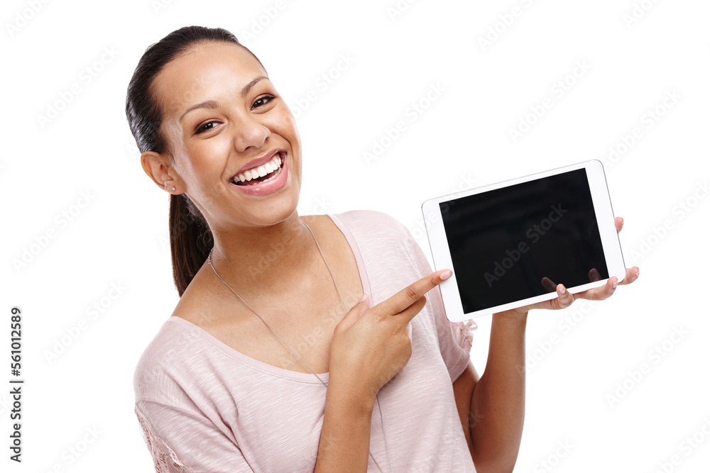 Portrait, pointing and woman with tablet mockup in studio isolated on a white background. Face ...