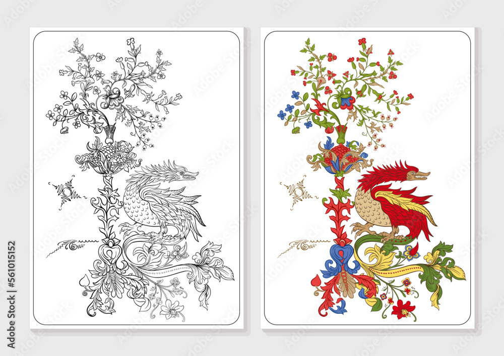 Floral and animal vintage Medieval illuminati manuscript inspiration ...