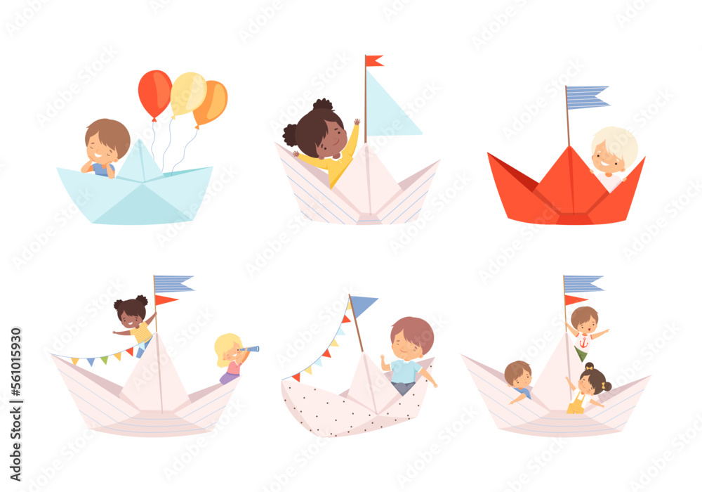 Set of cute little kids floating on paper boats. Happy kids dreaming of ...