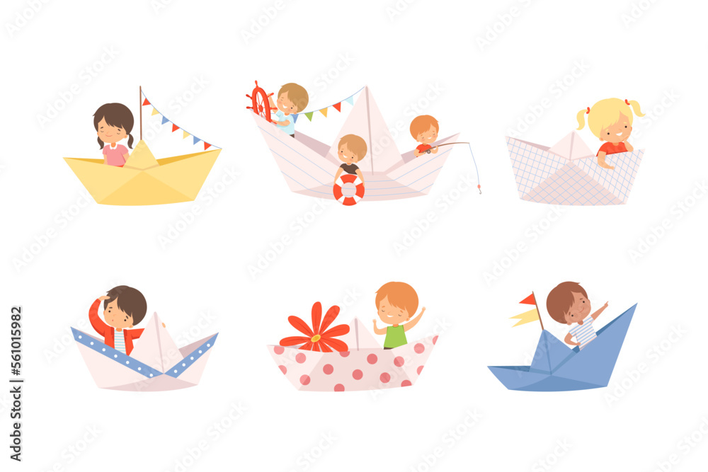 Set of cute little kids floating on paper boats cartoon vector ...