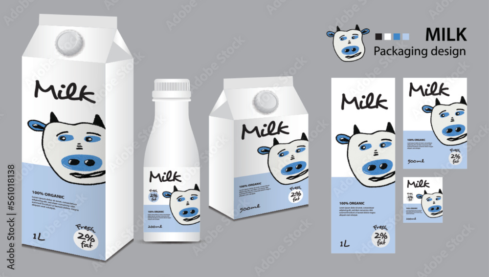 Milk package design, milk label design, Milk boxes set and bottle ...
