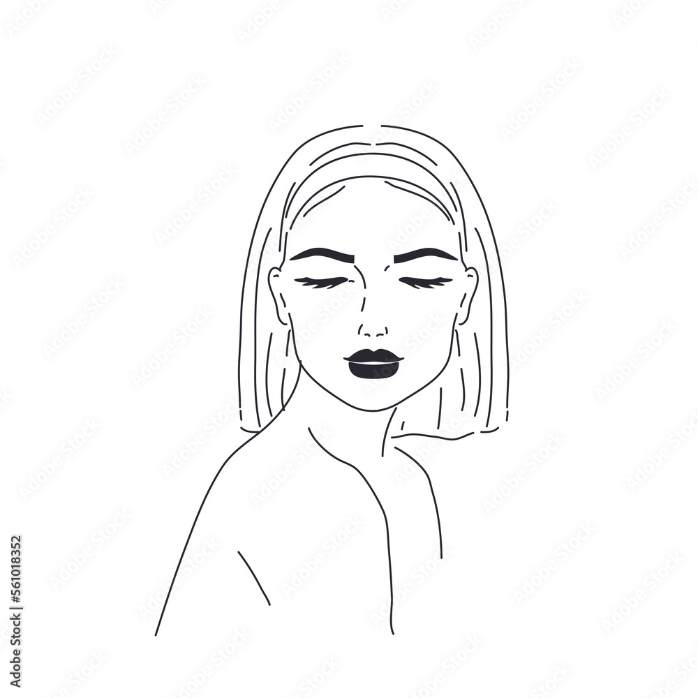 Set of art simple design line girls portraits. Minimalist vector ...