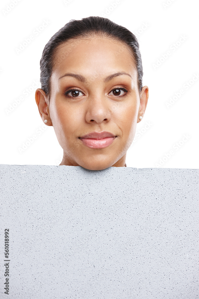 Face, portrait and woman with poster for mockup, marketing or ...