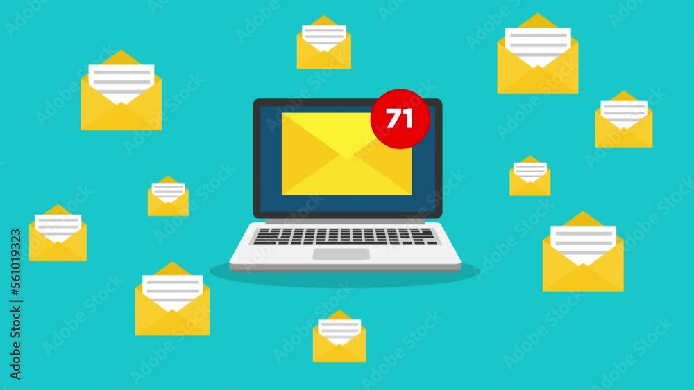 Laptop and email notification on screen animation, a lot of emails ...
