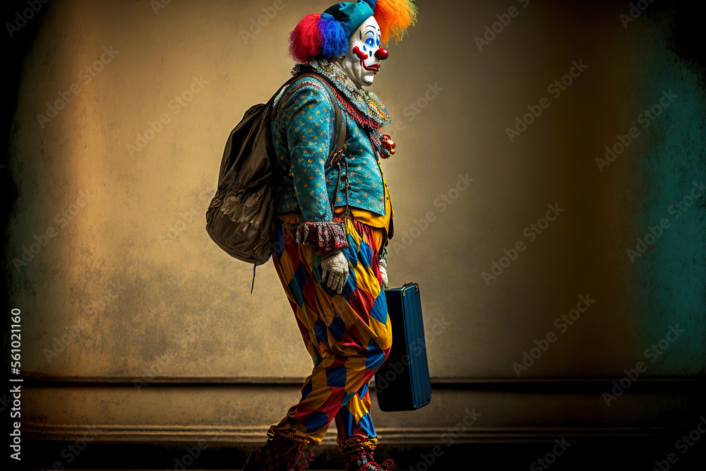 tired lonely clown in suit and wig walking with things Stock ...