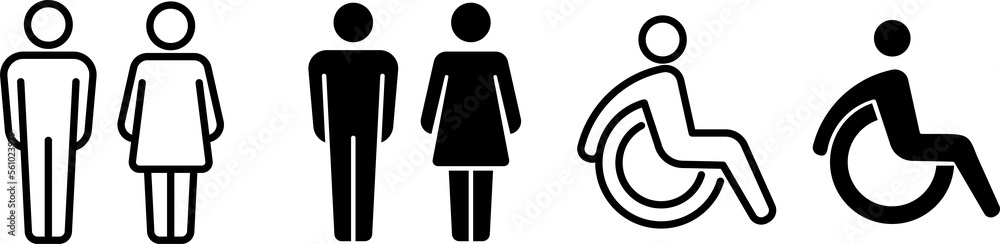 WC signs set. Toilet icons set, symbol of man, woman and people with ...