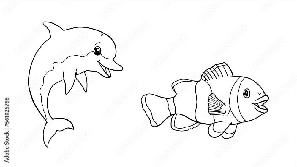 Cute dolphin and clown fish to color in. Vector template for a coloring ...