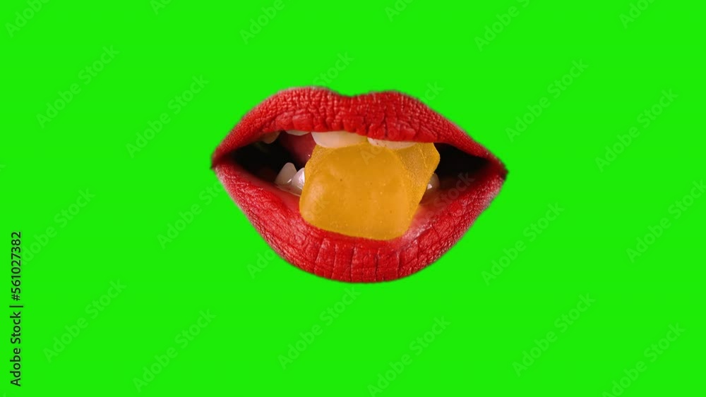 Female Mouth Gummy Bear Bite Tease Red Lipstick Green Screen Background ...