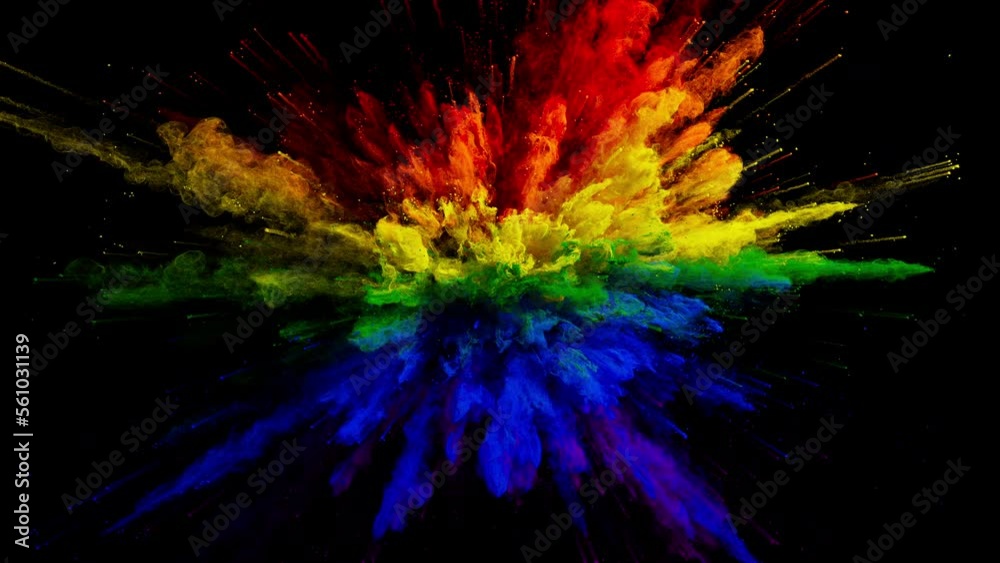 Cg animation of color powder explosion on black background. Lgbt flag ...