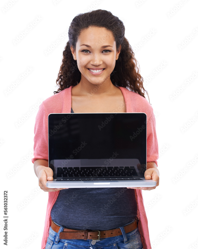 Woman, laptop and mockup with portrait smile, technology and internet ...
