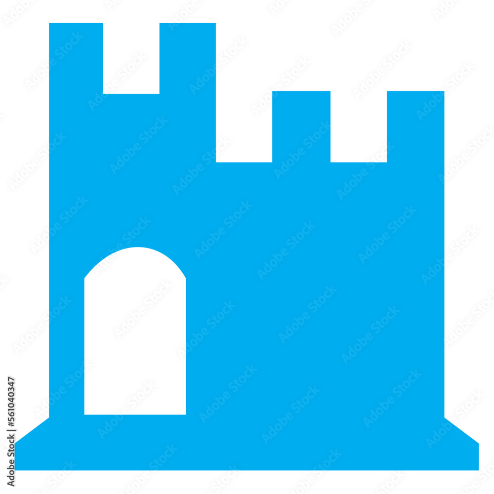 Blue and white vector graphic of a map symbol for a castle. It consists ...