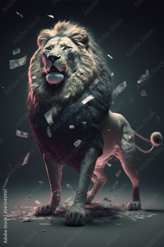 lion in suit with banknotes falling around, realistic lion, detailed ...