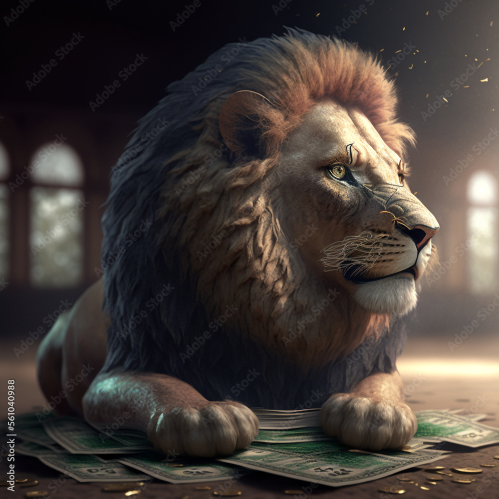 lion in suit with banknotes falling around, realistic lion, detailed ...