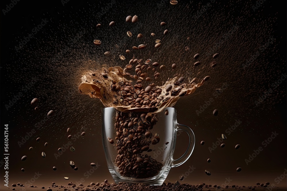 Coffee brewing in motion: Whole and grounded beans falling into a clear ...