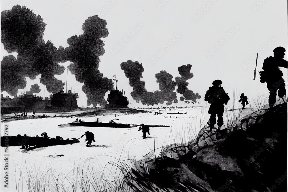 A black and white pen illustration of the Allied invasion of occupied ...