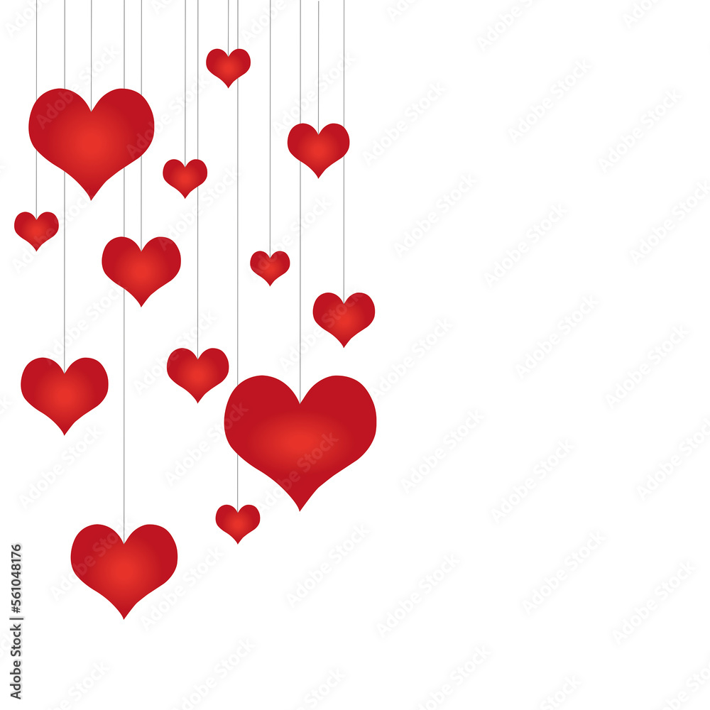 Corazones rojos colgando de diferentes tamaños sobre un fondo blanco ...