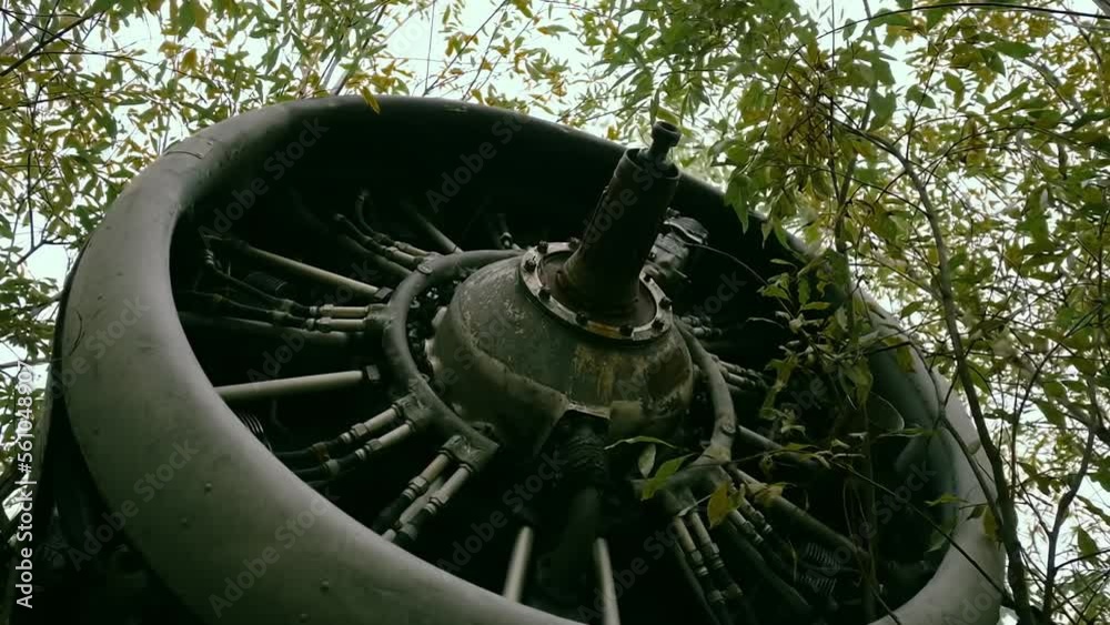 Video „Close-up of the engine of the abandoned destroyed plane. Looking ...