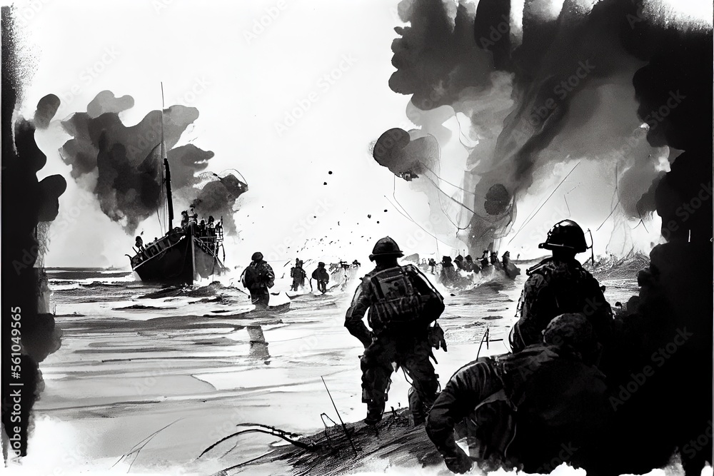 A black and white pen illustration of the Allied invasion of occupied ...