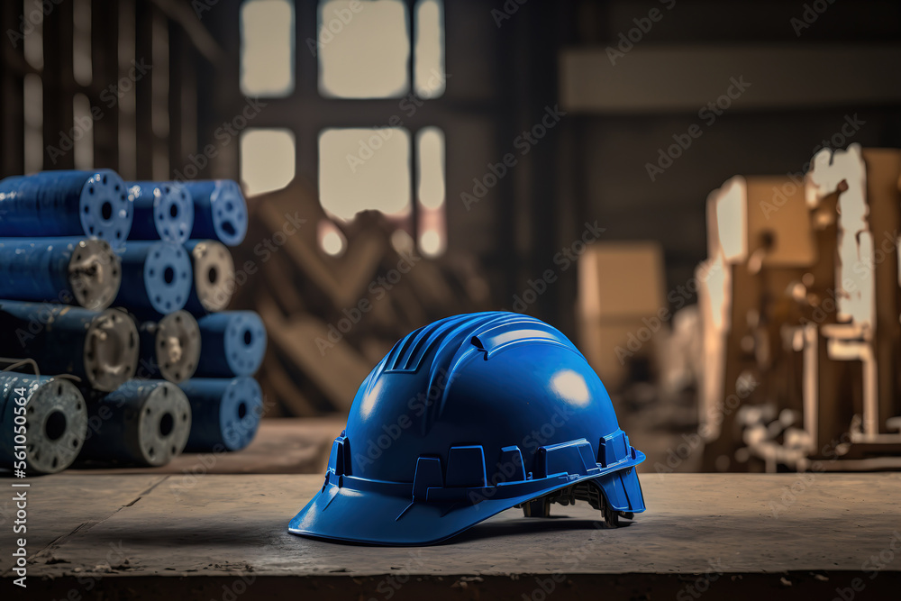 A blue safety helmet or hardhat, construction worker PPE, is placed in ...