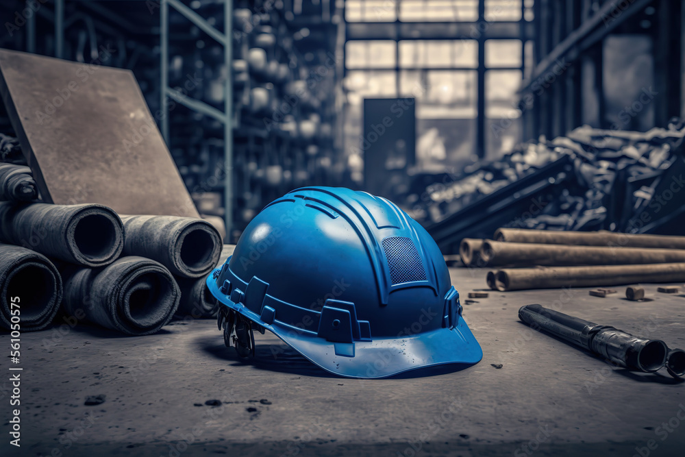 A blue safety helmet or hardhat, construction worker PPE, is placed in ...
