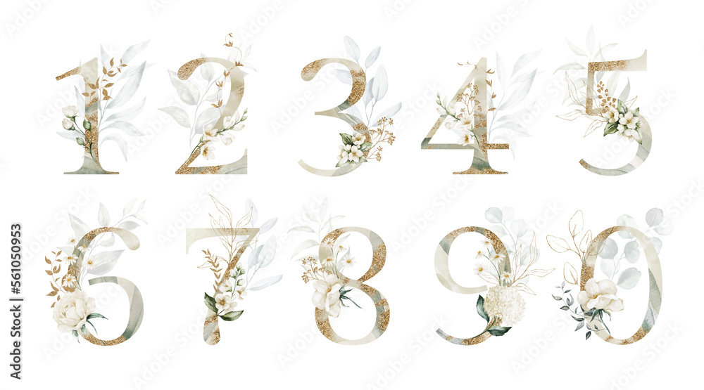 Gold Glitter Floral Number Set - digits 1, 2, 3, 4, 5, 6, 7, 8, 9, 0 ...