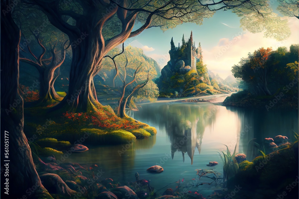 magical fantasy forest with river or lake. background.. Generative AI ...