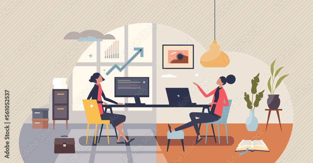 Hybrid work mode with split time for office and working from home tiny ...