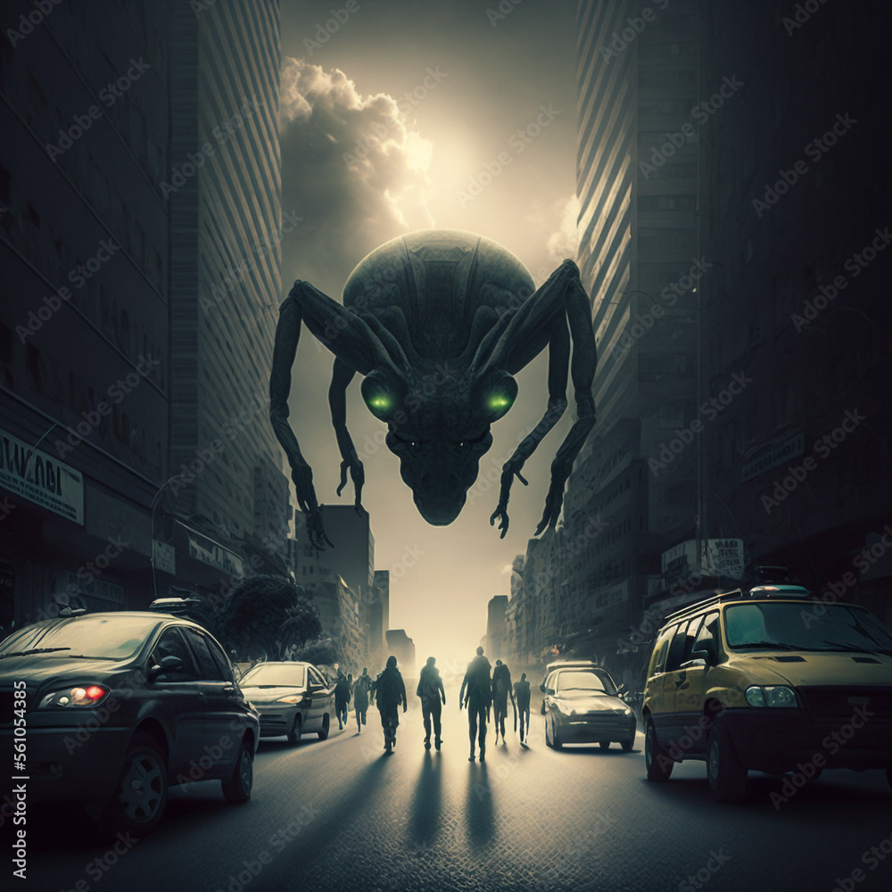 Generative ai illustration of alien ufo and spaceships invading earth ...