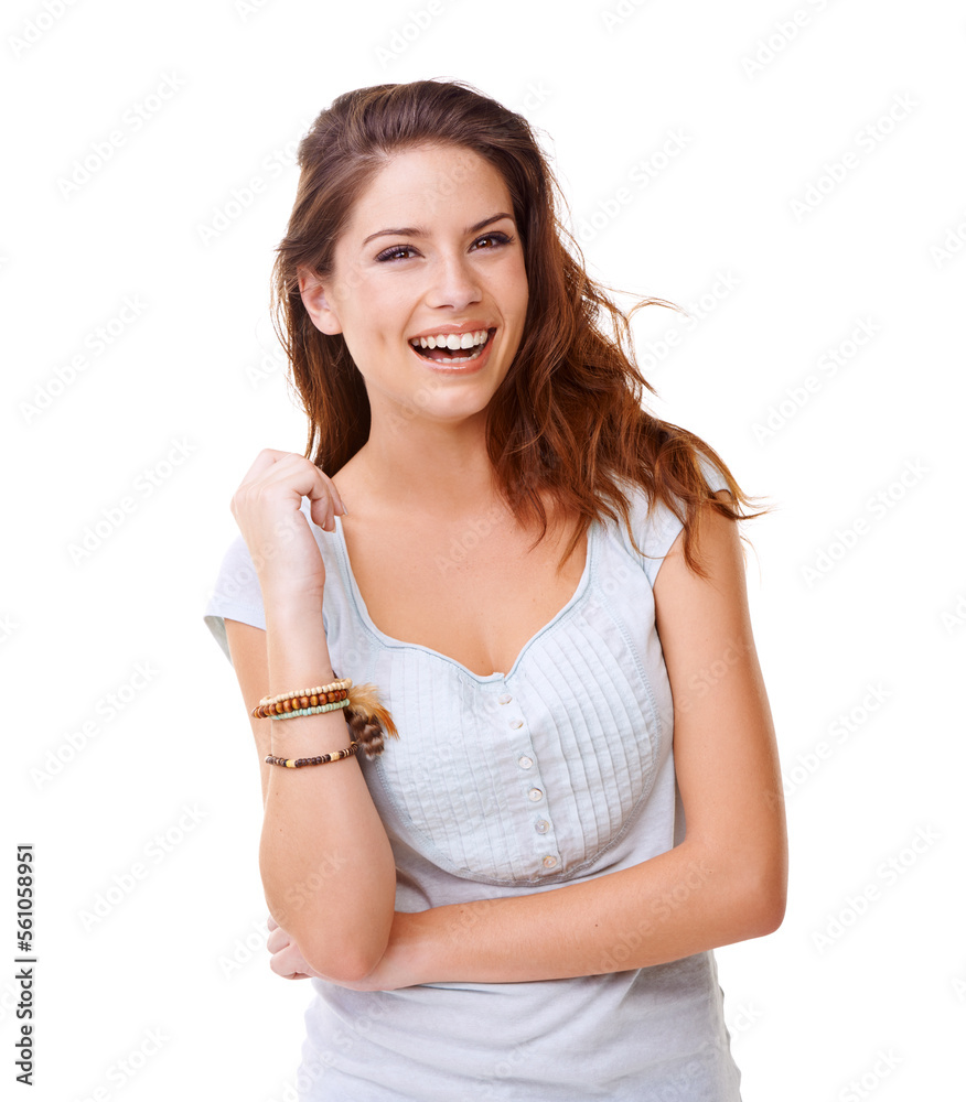Laughing, happiness and woman portrait of a model feeling calm with ...