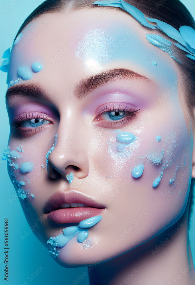 Beauty model with blue eyes portrait Strong face with drops of blue ...
