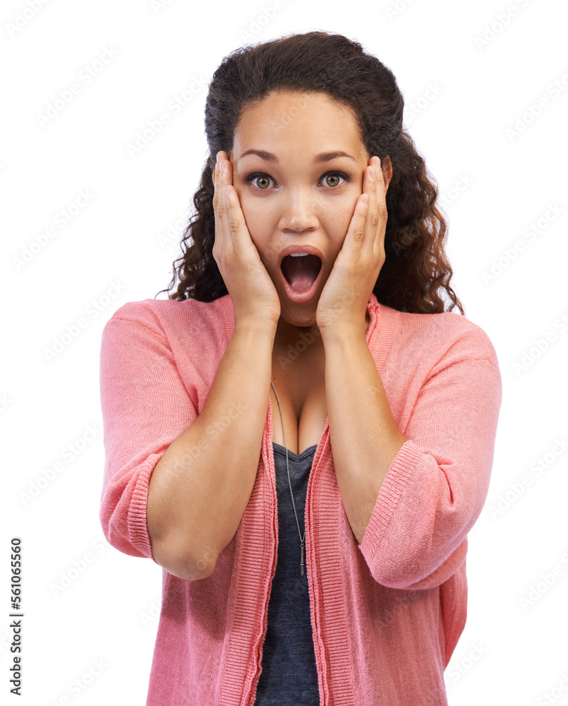 Portrait, wow and surprise with a black woman in studio on a white ...