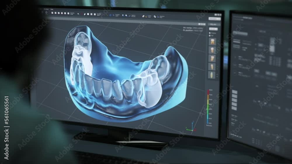 Dentist looking at the display showing the virtual teeth treatment ...