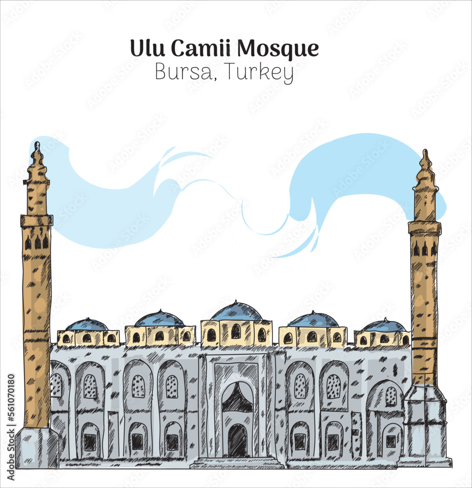 bursa ulu camii, Grand Mosque of Bursa Hand drawing vector illustration ...