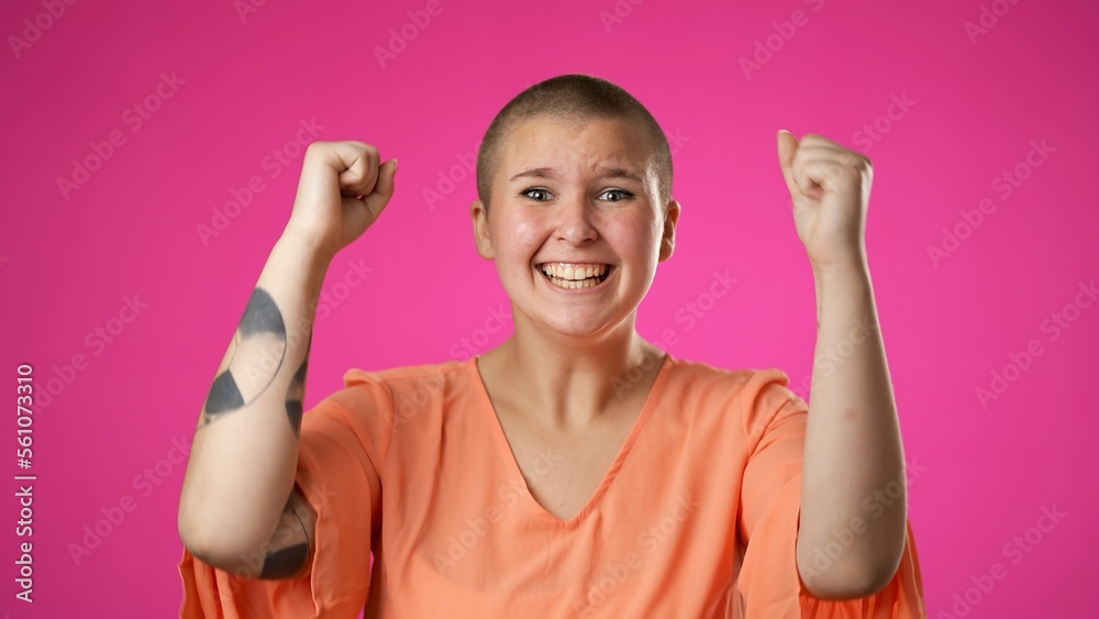 Excited jubilant overjoyed pretty young gender fluid non binary woman ...