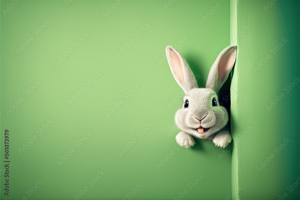 Joyful rabbit peeking out of a hole in the wall, on a green background ...