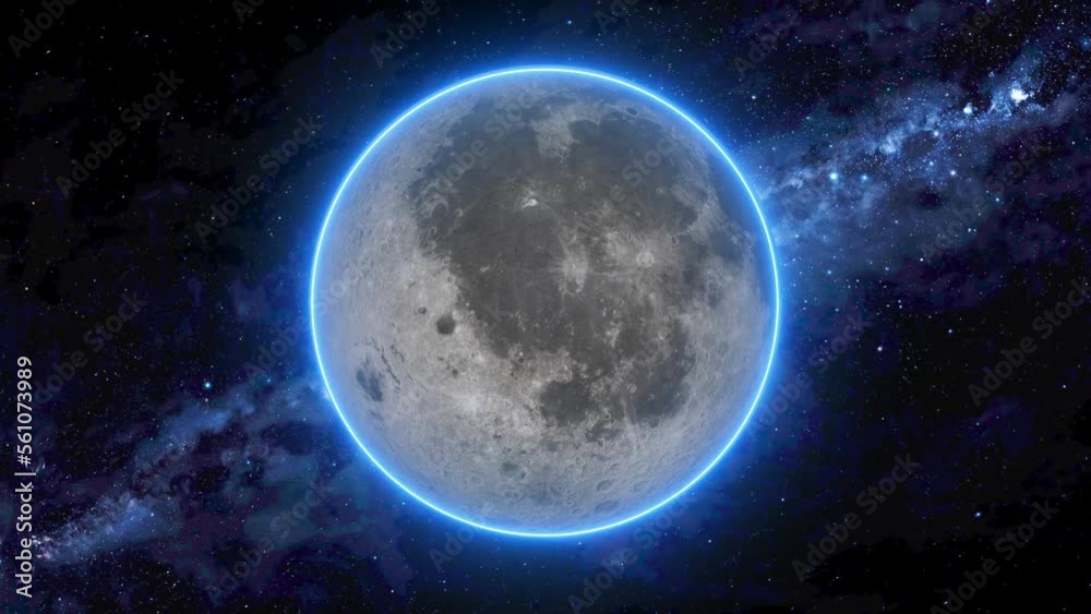 Glowing Realistic Moon planet Rotates on space or galaxy and stars ...