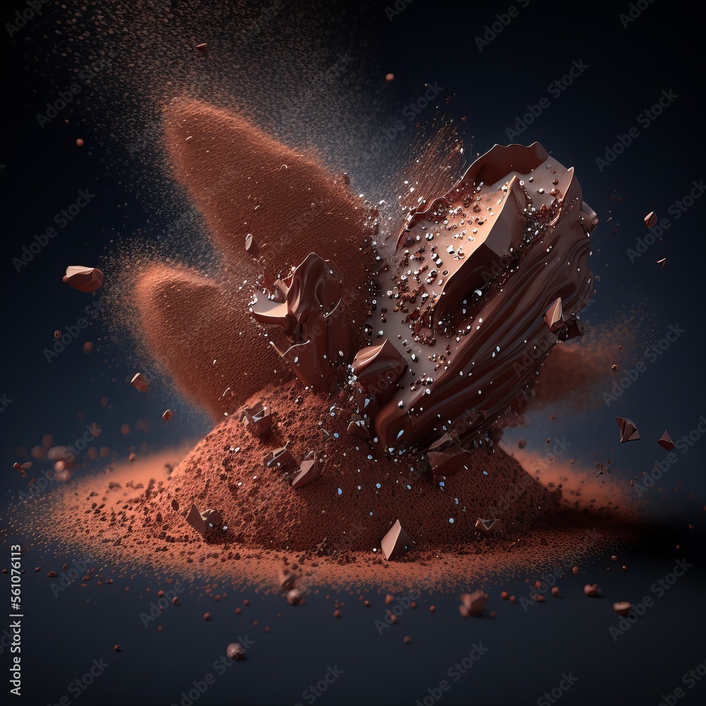 Cacao and dark chocolate in a massive explosion. Powder, particles and ...